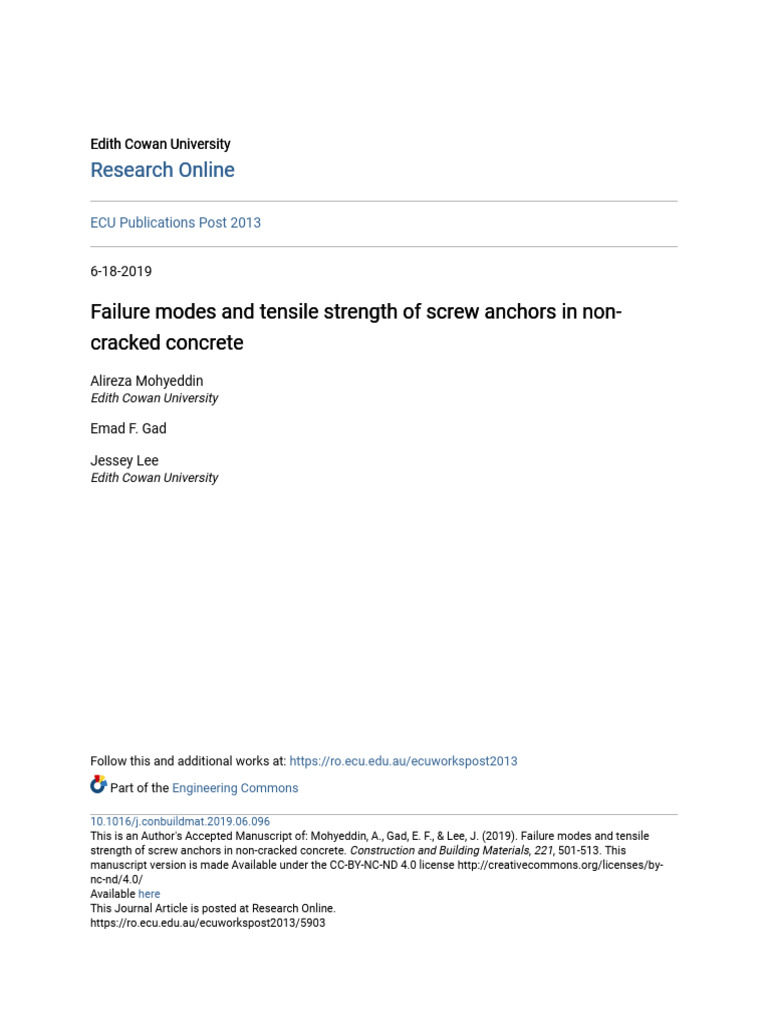 Failure Modes and Tensile Strength of Screw Anchors in Non-Cracke | PDF ...