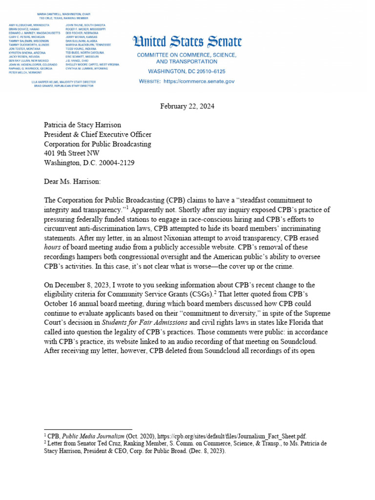 (DAILY CALLER OBTAINED) - 2024.02.22 Letter From Ranking Member Cruz To ...