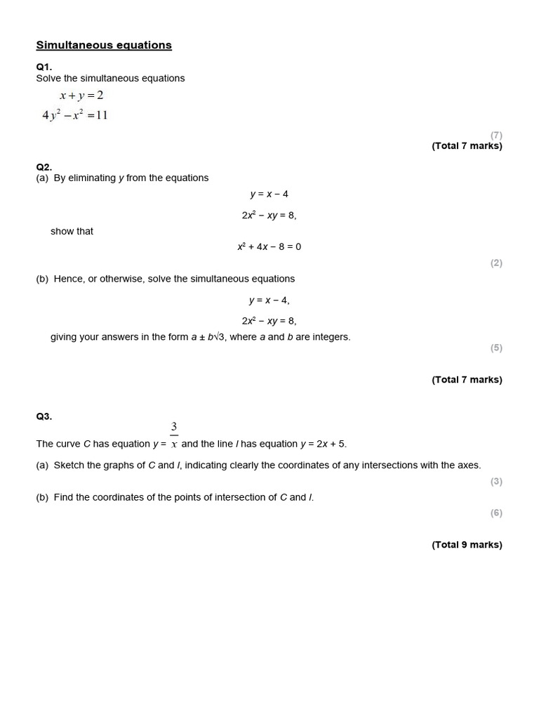 Y12 Chapter 1 To 5 Simultaneous Equations Follow Up Work | PDF ...