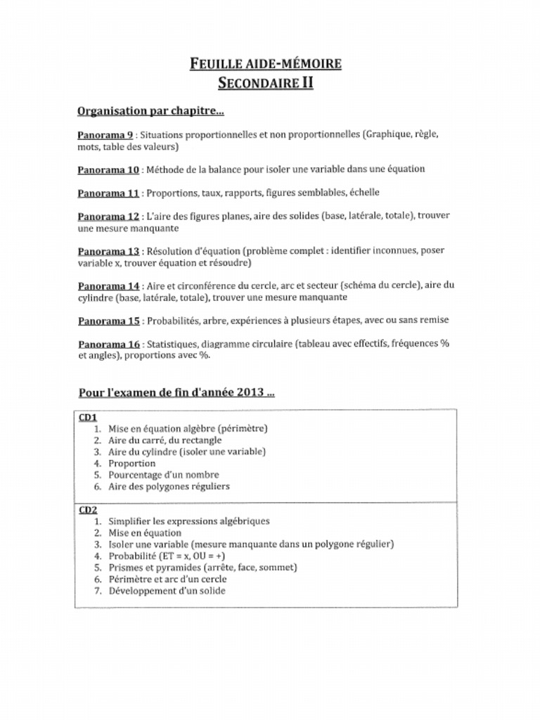 Feuille Aide Mc3a9moire Secondaire 2 | PDF