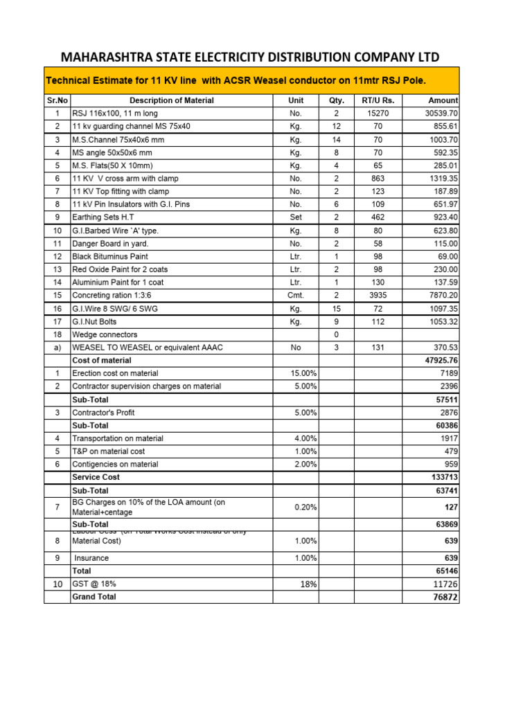 11 KV Line Estimate | PDF | Electrical Engineering | Electricity