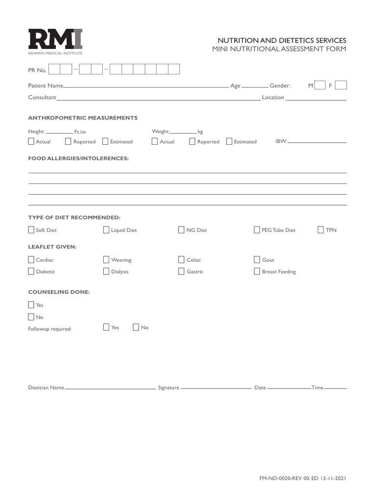 Mini Nutritional Assessment Form | PDF | Wellness