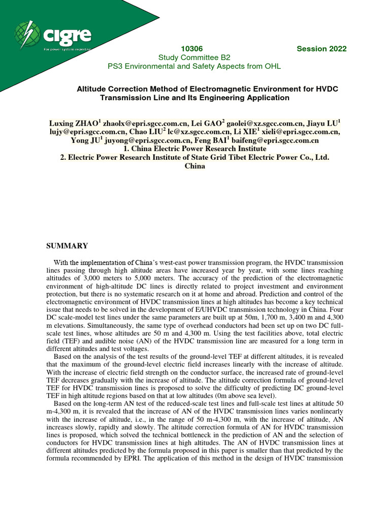 CIGRE Altitude Correction Method of Electromagnetic Environment For ...