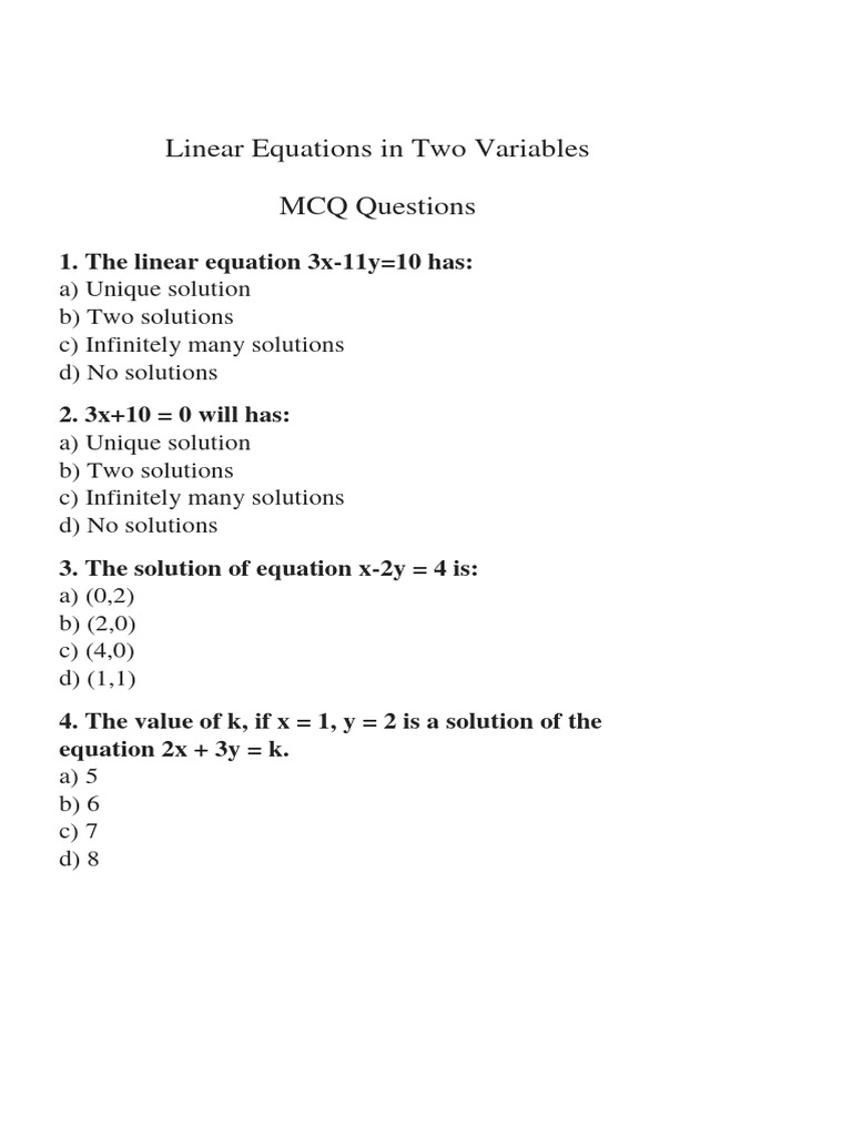 9 MCQ Linear Equations in Two Variables | PDF | Equations | Elementary ... 9 MCQ Linear Equations in Two Variables | PDF | Equations | Elementary ...