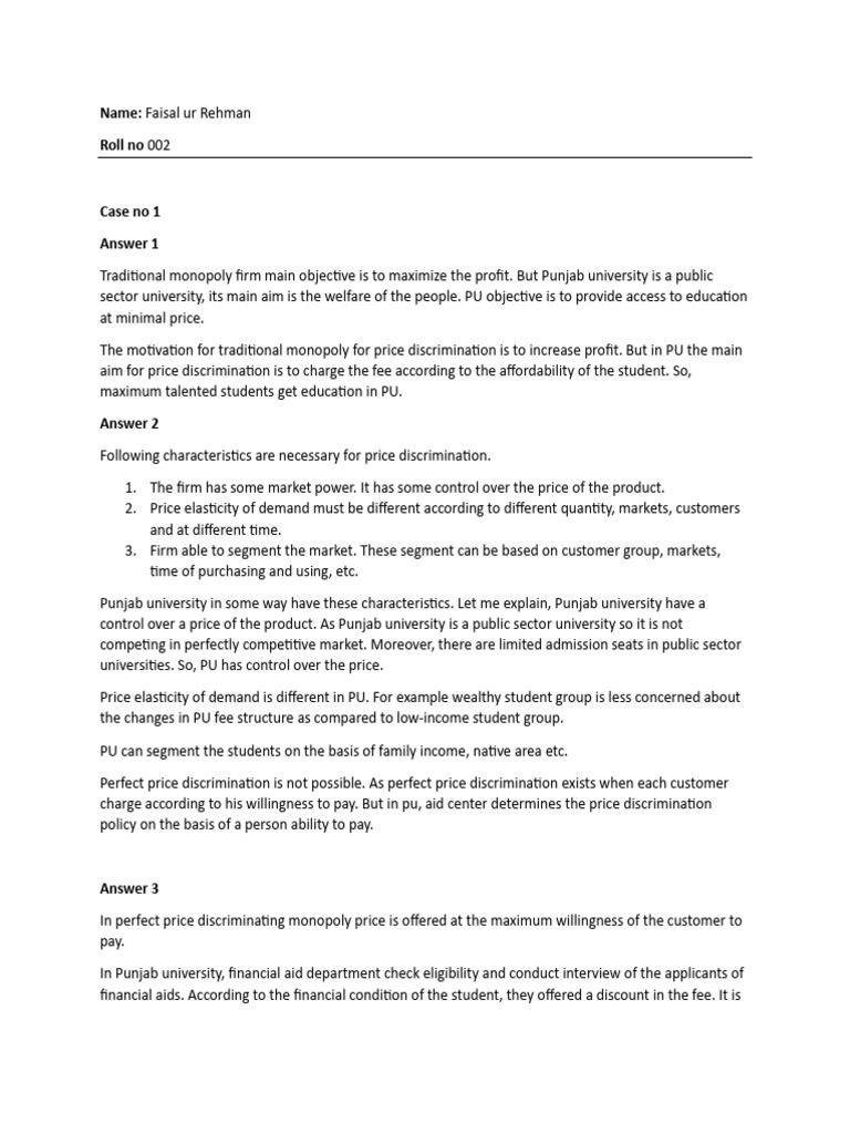 Economic Assignment Pdf Price Discrimination Monopoly