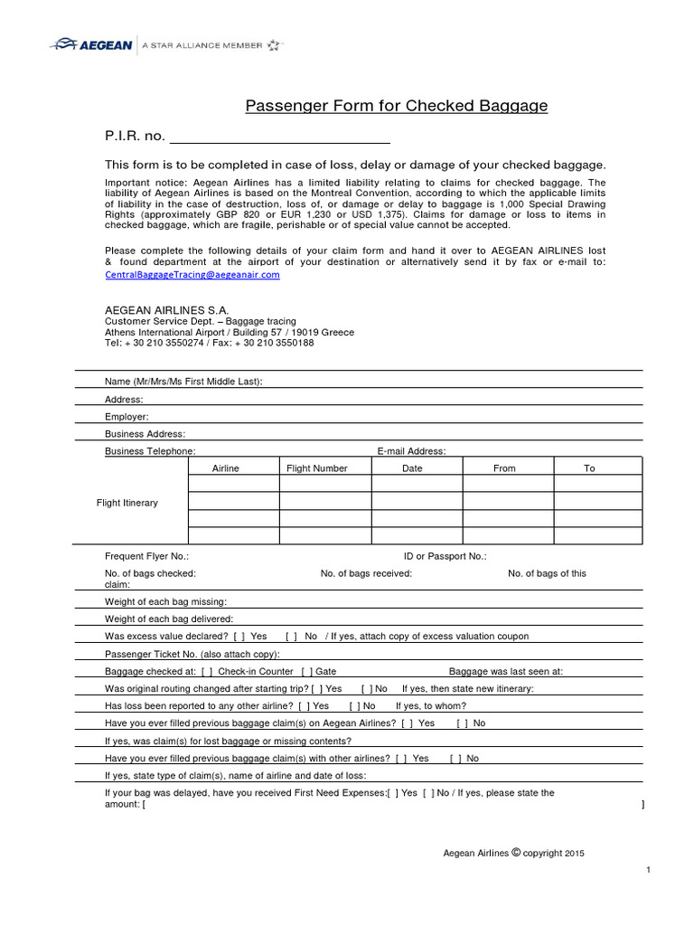 Aegean Airlines Baggage Claim Form | PDF | Baggage