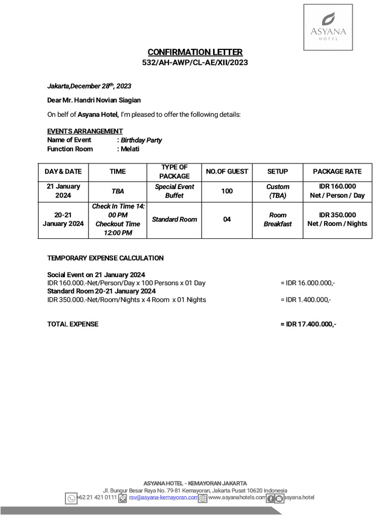 532 Confirmation Letter Birthday Party Papa Kenzo On 21 January | PDF ...