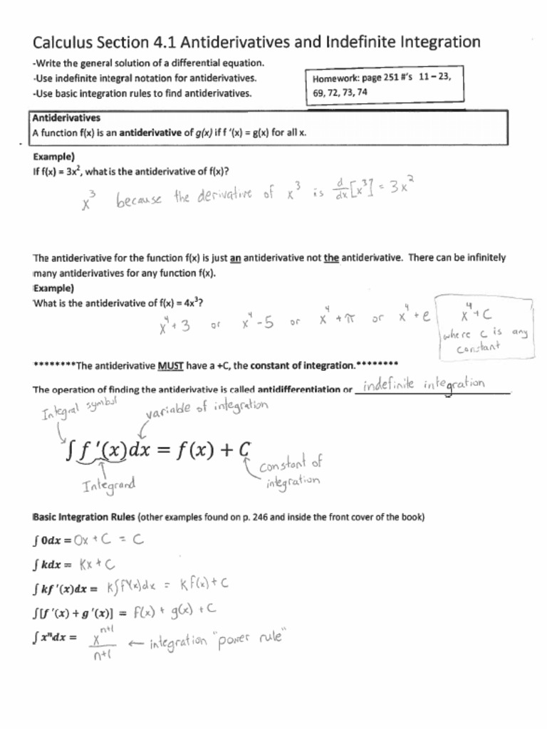 4.1 Antiderivatives and Indefinite Integration Notes | PDF
