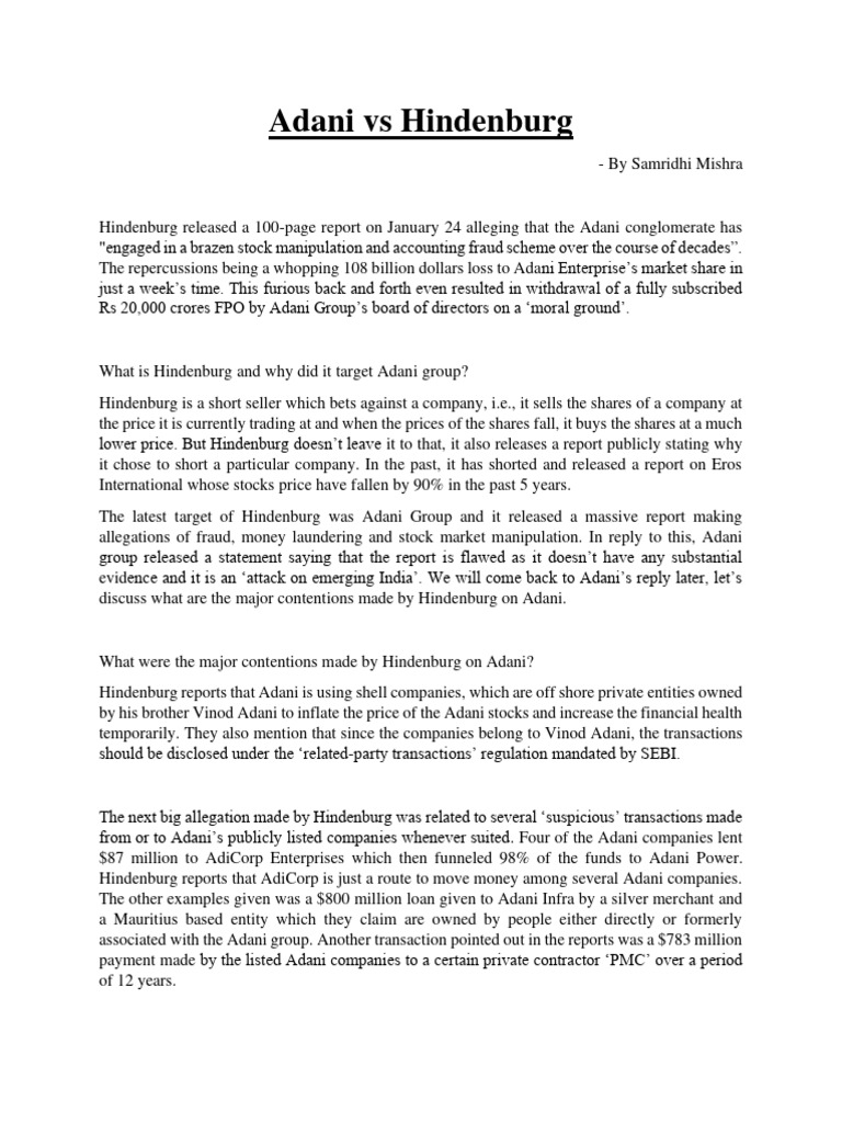 Adani Vs Hindenburg - Samridhi Mishra | PDF | Business Economics | Business Adani Vs Hindenburg - Samridhi Mishra | PDF | Business Economics | Business