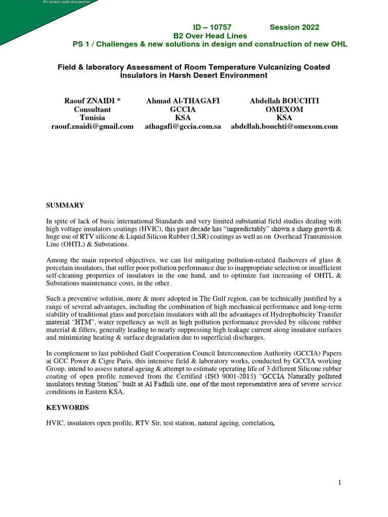 CIGRE Field & Laboratory Assessment of Room Temperature Vulcanizing Coated Insulators in Harsh ...