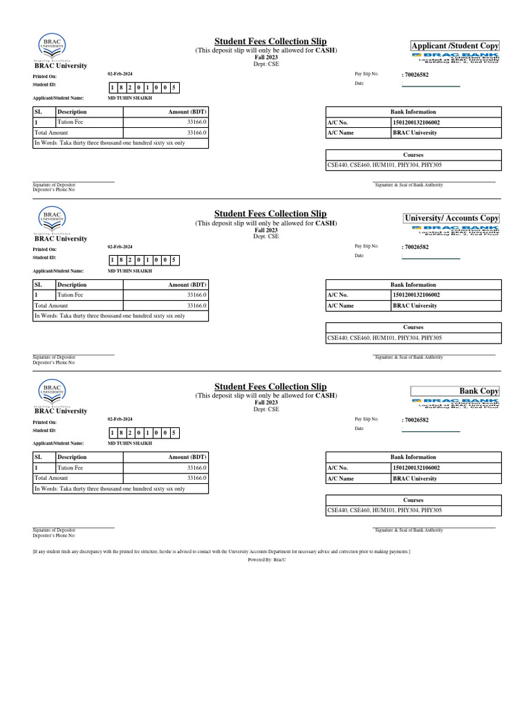 BRAC University Fee Slip | PDF | Deposit Account | Private Sector