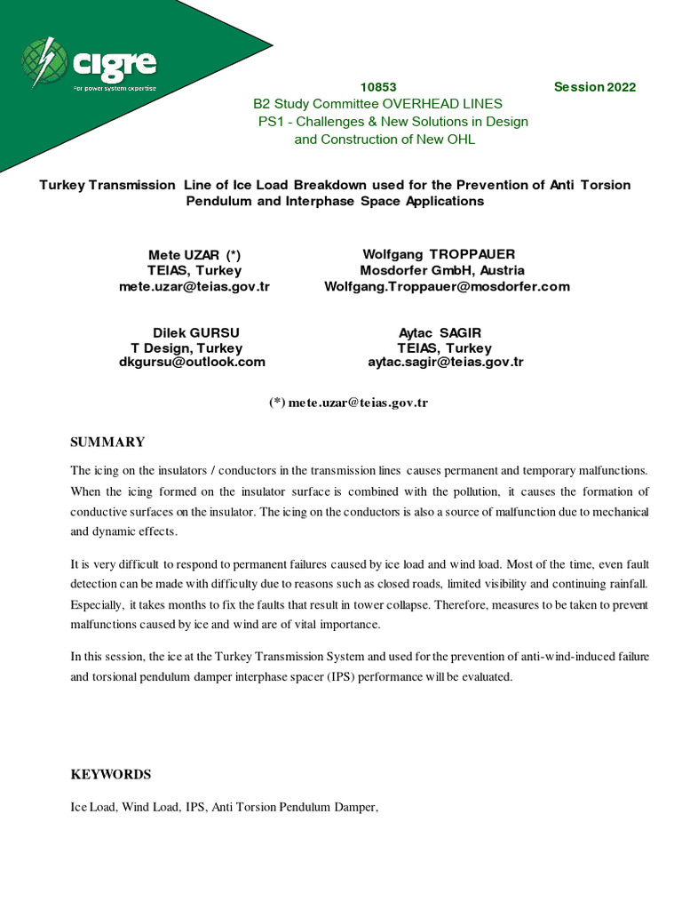 CIGRE Turkey Transmission Line of Ice Load Breakdown Used For The ...
