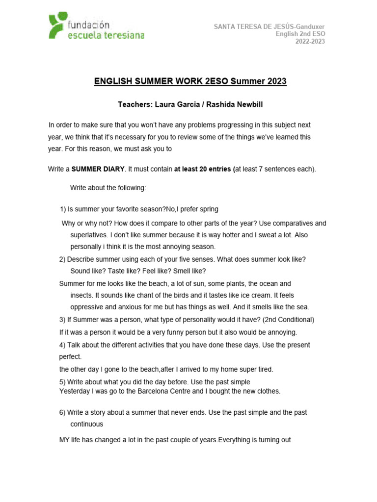 Summer Homework 2ESO 22-23 | PDF | Language Arts & Discipline | Foreign ...