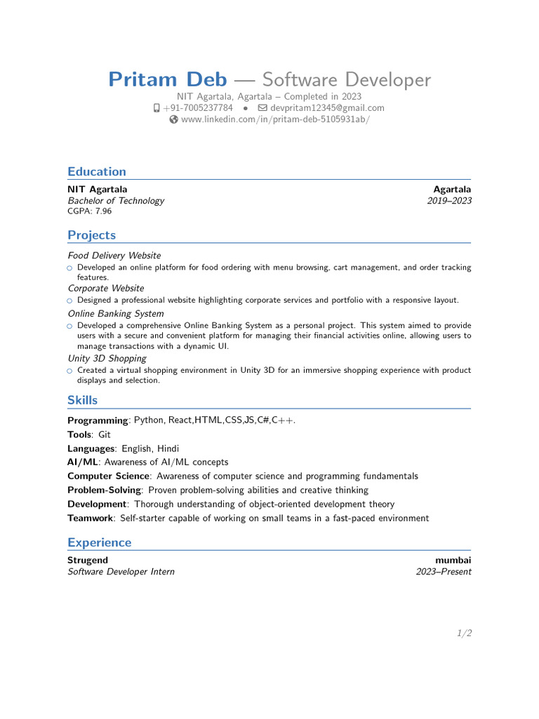 Pritam Deb: - Software Developer | PDF | Software Development | Software Engineering