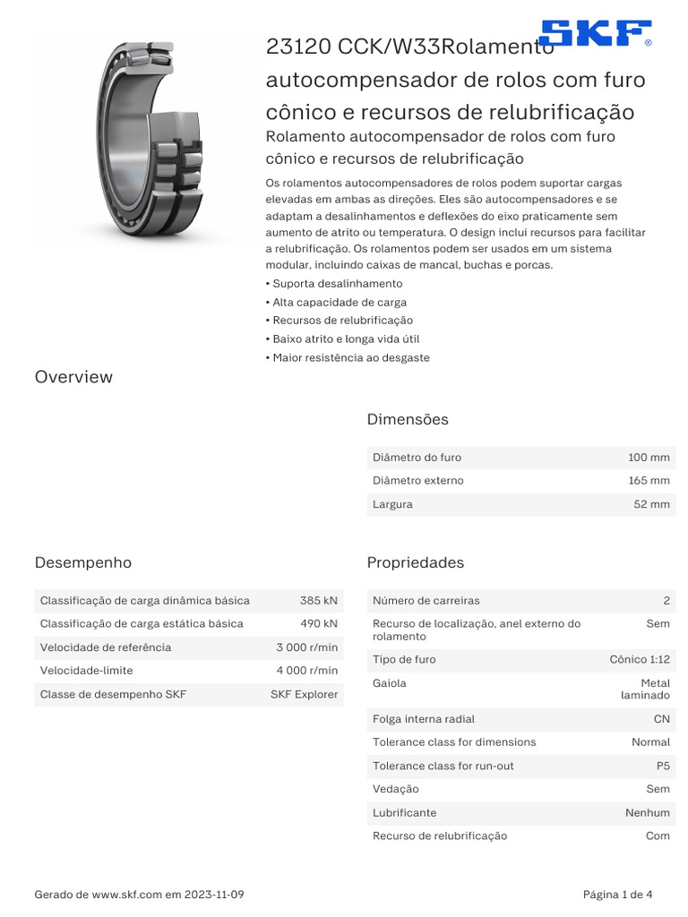 SKF 23120 CCK - W33Rolamento Autocompensador de Rolos Com Furo Cônico e ...