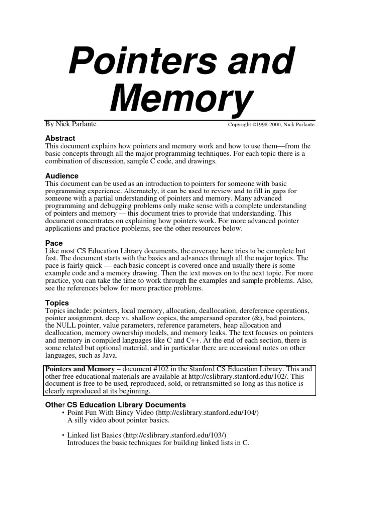 Pointers and Memory - Stanford University Material | PDF