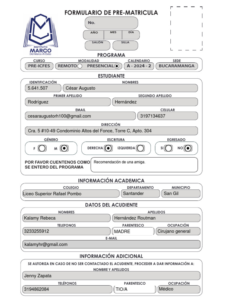 Formulario de Pre-Matrícula ICFES 2024 | PDF