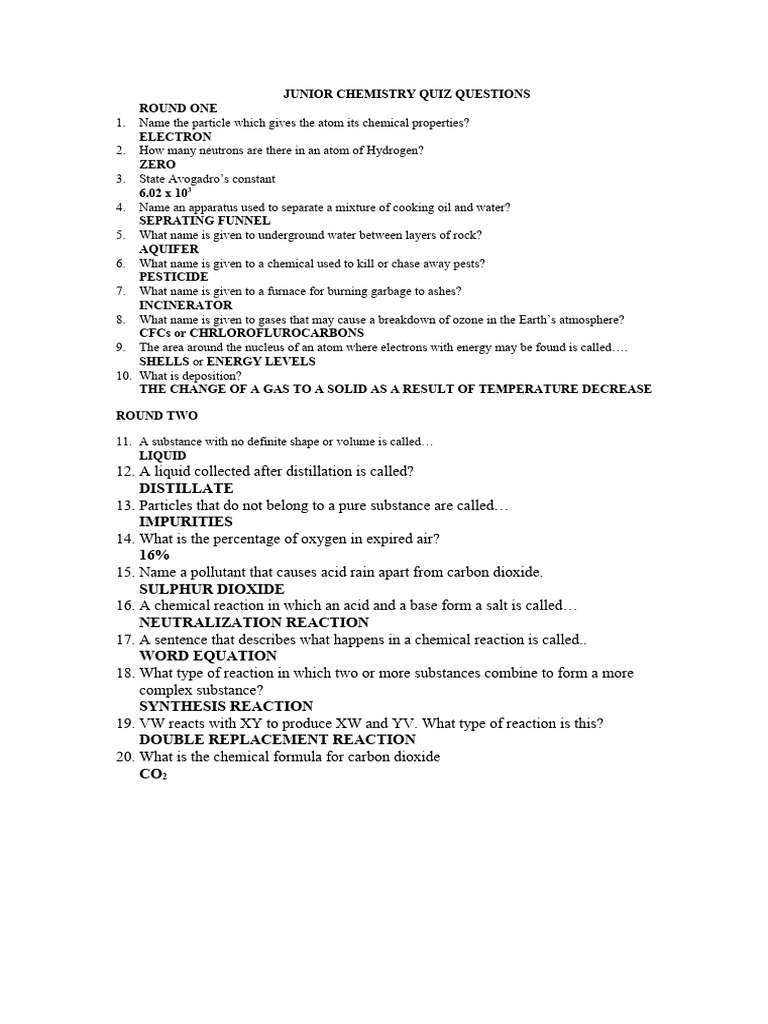 Chemistry Quiz Questions | PDF | Chemical Substances | Chemical Reactions
