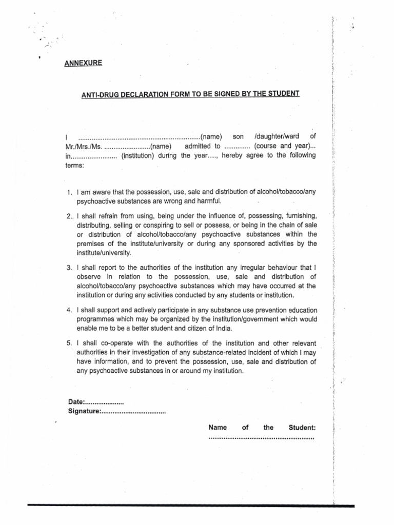 Anti-Drug Declaration Form To Be Signed by Students | PDF