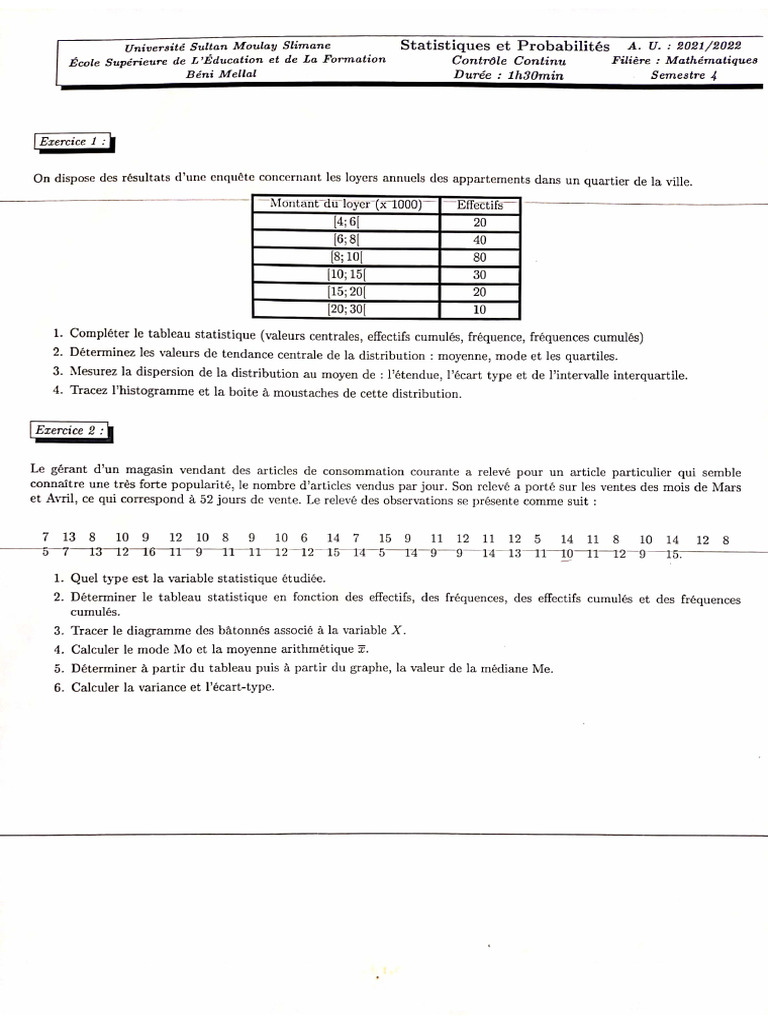 Contrôle Prob Stat | PDF