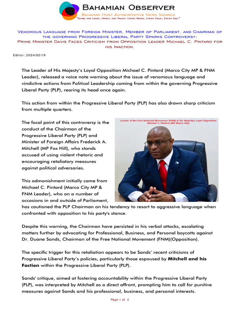 Bahamian Observer - Venomous Language From Progressive Liberal Party ...
