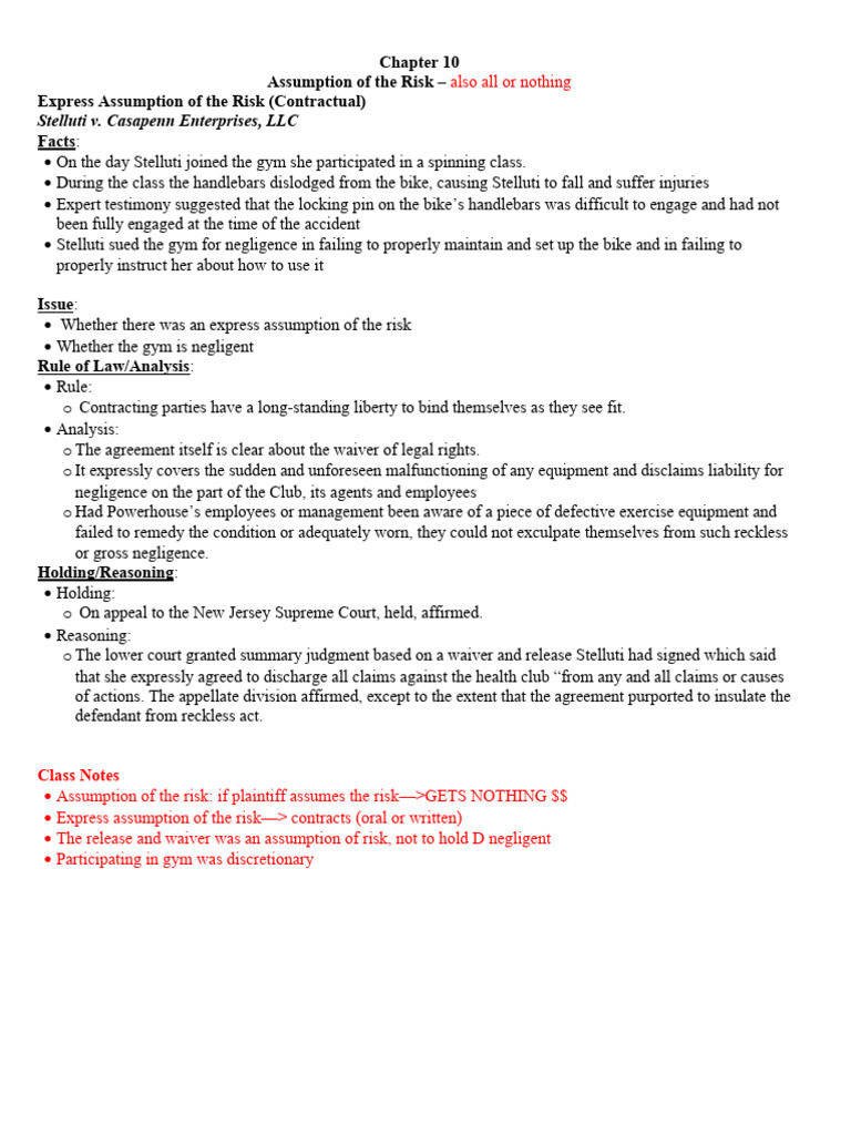 Chapter 10 - Assumption of Risk | PDF | Negligence | Legal Concepts