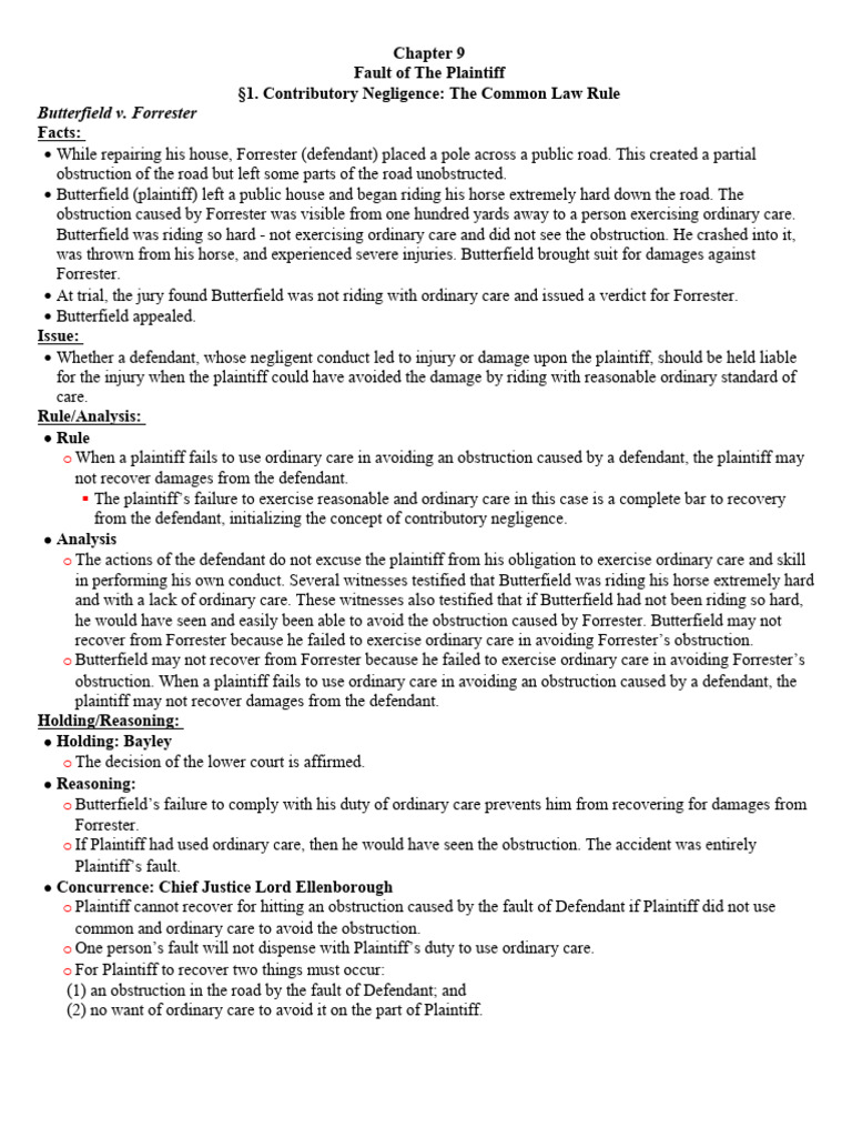 Chapter 9 - Fault of Plaintiff | PDF | Negligence | Contributory Negligence