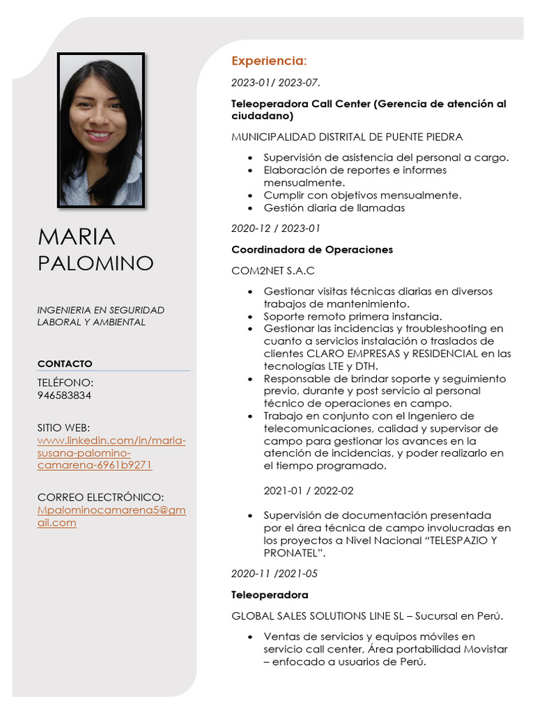 Curriculum Vitae Doc - María Palomino | PDF | Centro de llamadas