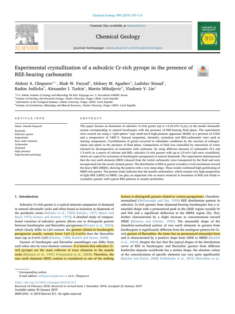 Experimental Crystallization of A Subcalcic Cr-Rich Pyrope in The Presence of | PDF | Geology ...
