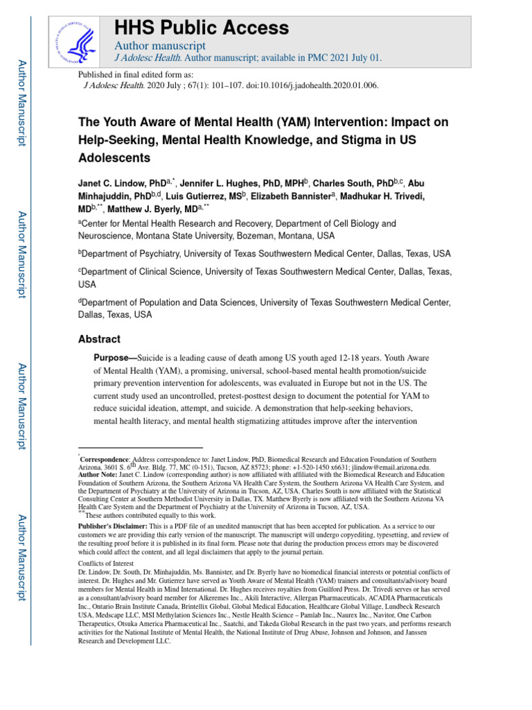 Lindow Et Al 2020 The Youth Aware of Mental Health YAM Intervention - Impact On Help-Seeking ...