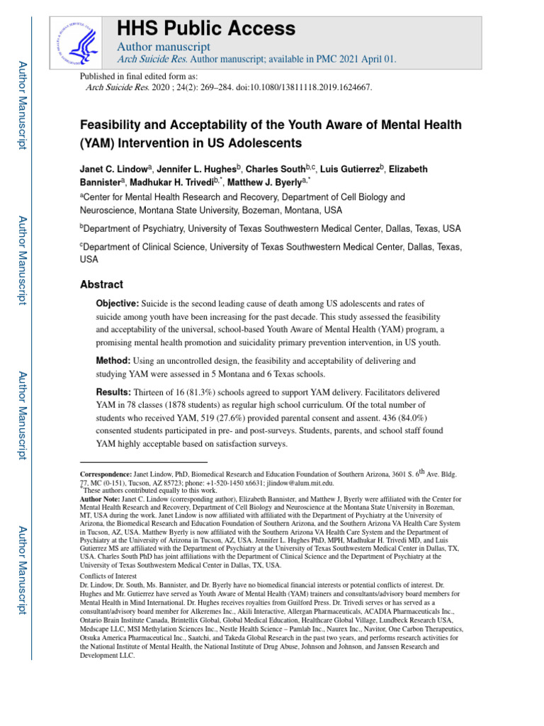 Lindow Et Al 2020 Feasibility and Acceptability of The Youth Aware of Mental Health (YAM ...