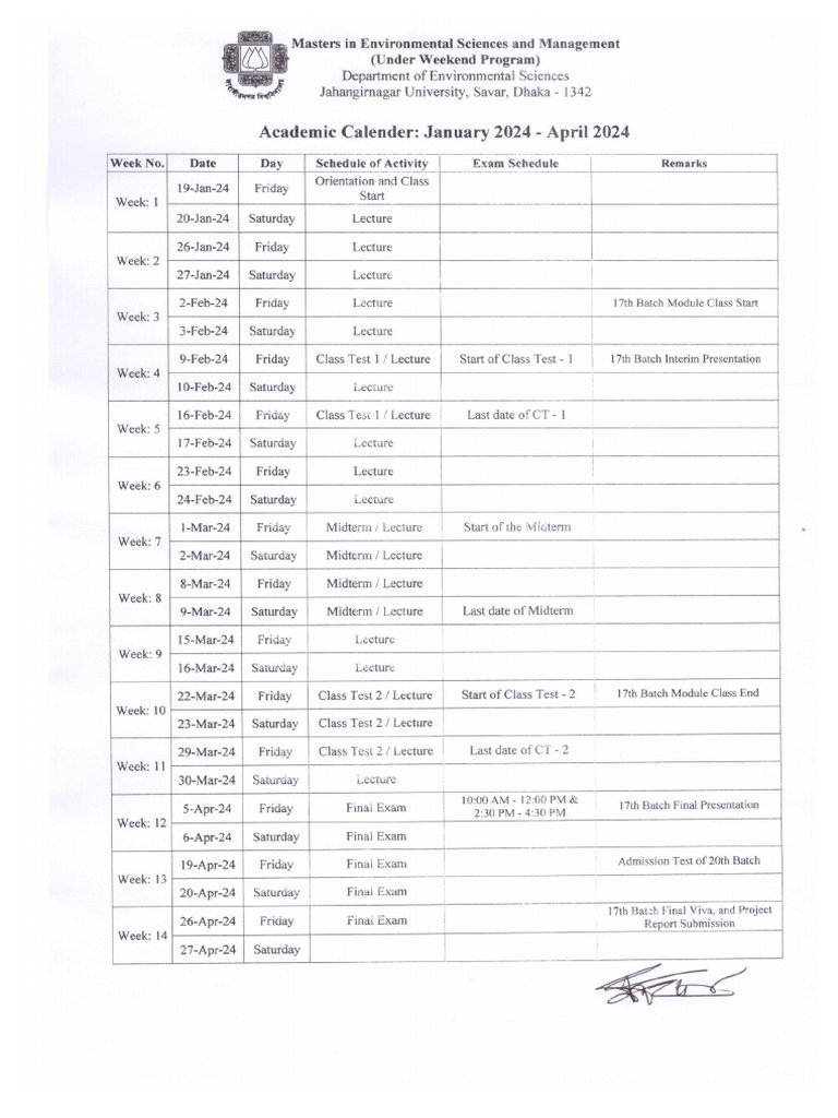 Academic Calender (January 2024 - April 2024) | PDF
