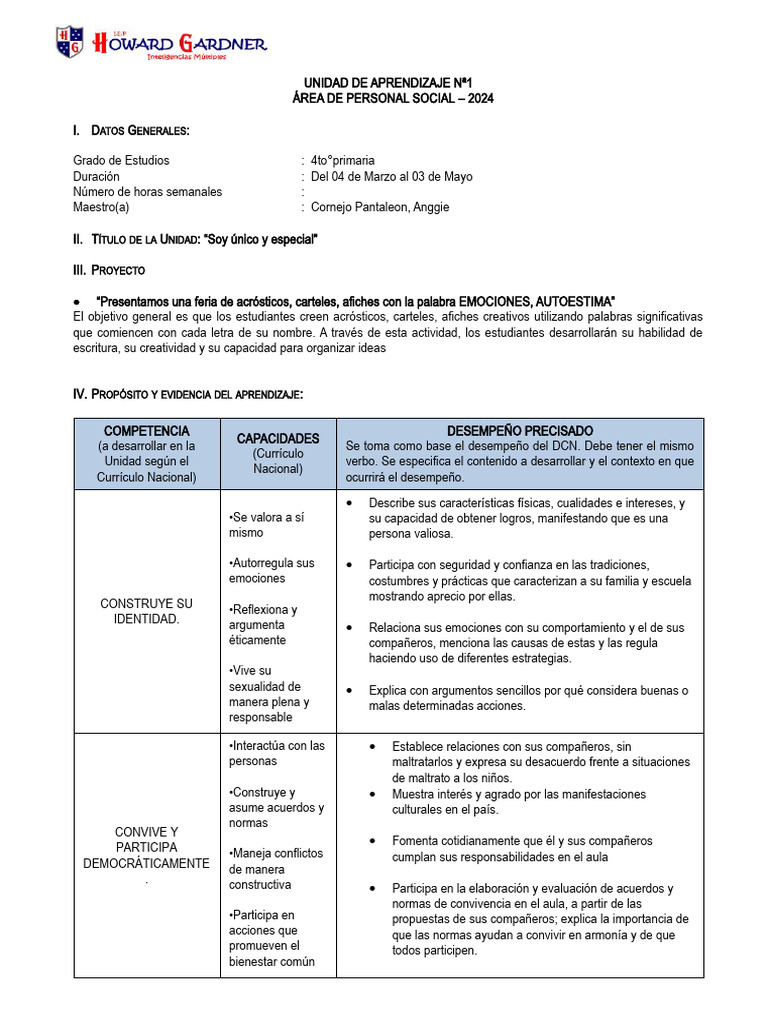 Unidad de Aprendizaje I Bimestre 4to Prim P.social HG 2024 | PDF | Evaluación | Plan de estudios