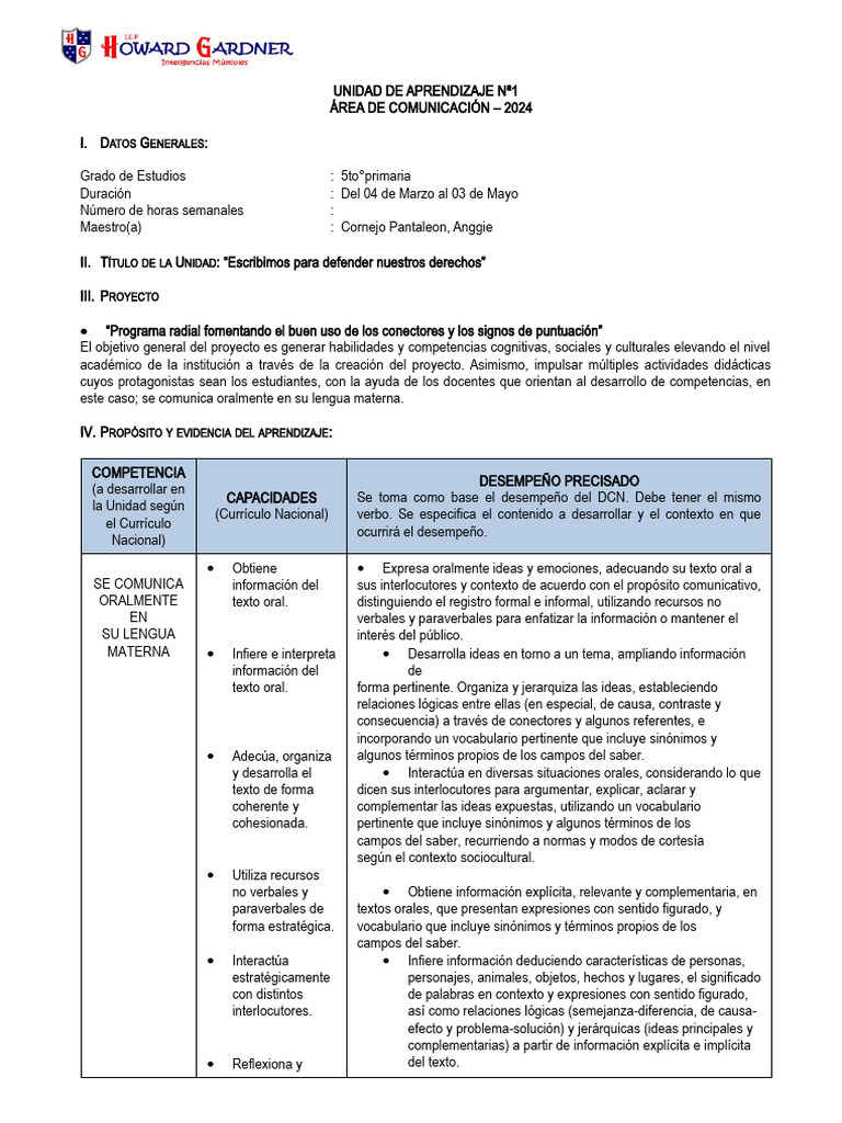 Unidad de Aprendizaje I Bimestre 5to Prim Comunicacion HG 2024 ... Unidad de Aprendizaje I Bimestre 5to Prim Comunicacion HG 2024 ...