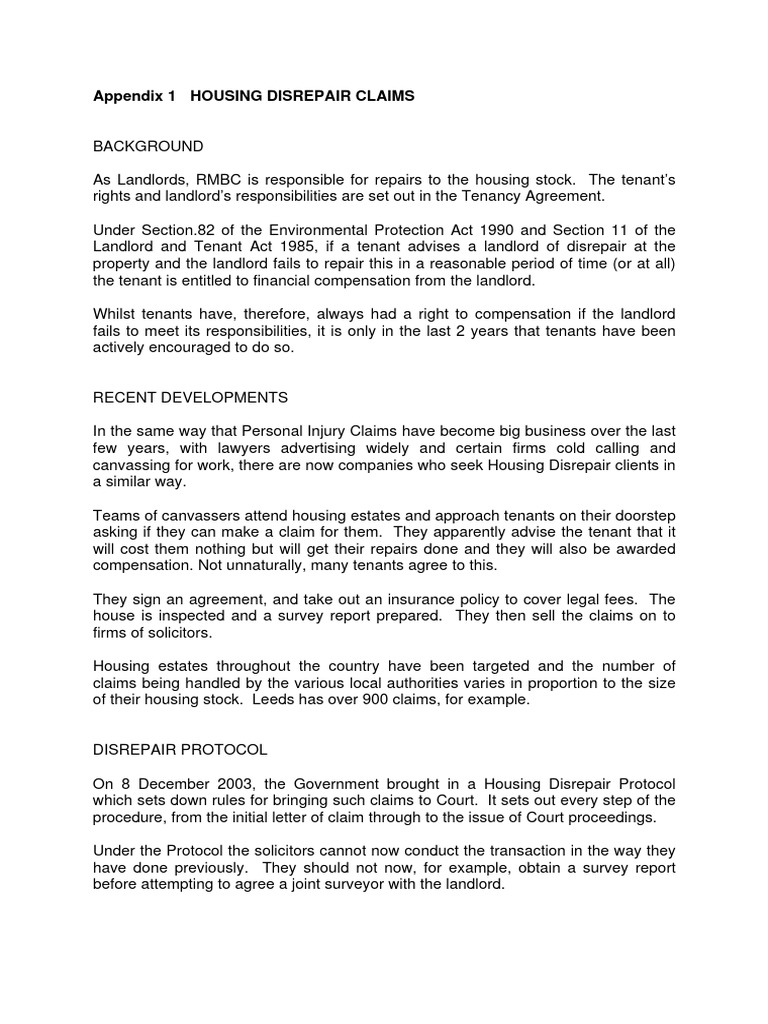 Housing Disrepair Claims Appendix 1 | PDF | Leasehold Estate | Landlord