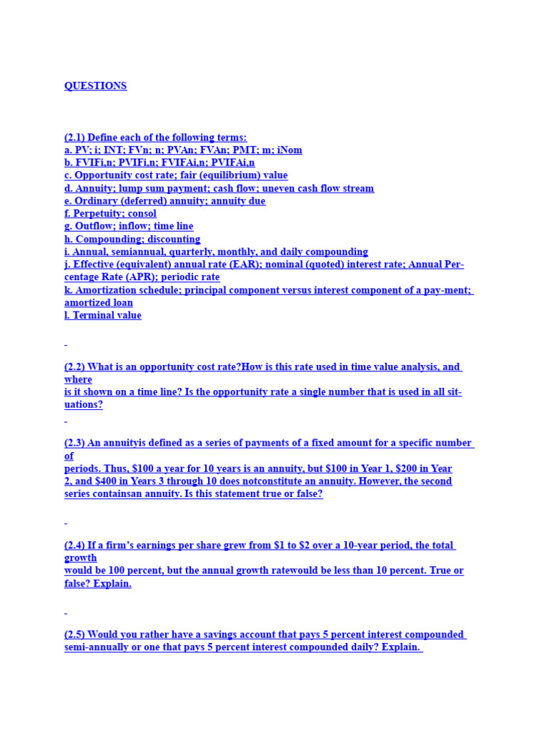 Chapter 2 Time Value of Money ANSWERS TO END OF CHAPTER QUESTIONS | PDF | Interest | Present Value