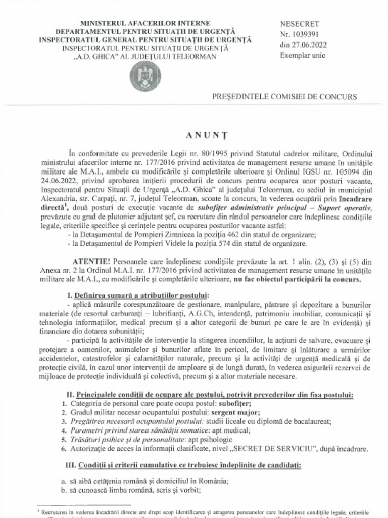 Anunt Incadrare Directa Subofiter Administrativ OP | PDF
