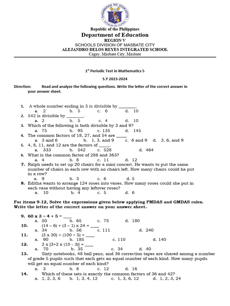1st Periodic Test in Math 5 | PDF | Mathematics