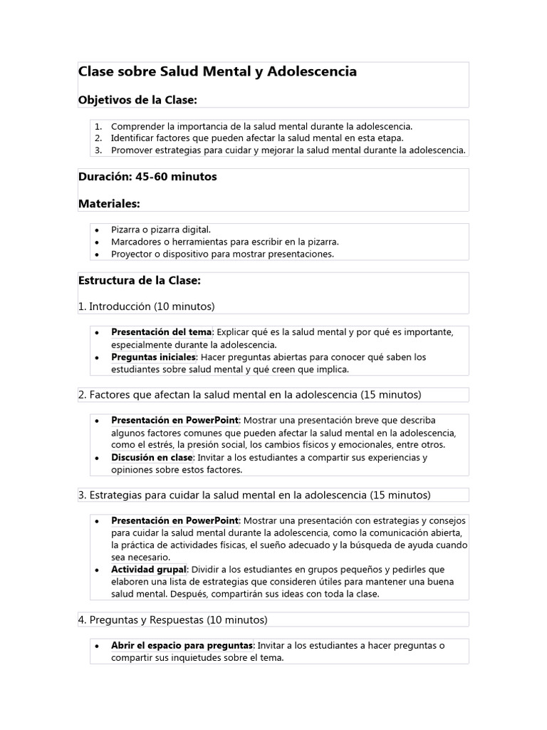 Clase Sobre Salud Mental y Adolescencia | PDF | Salud mental | Adolescencia
