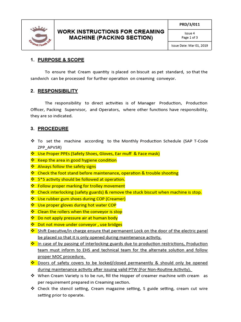 PRD-3-011 (Issue 2) Work Instructions For Packing Section (Creaming ...