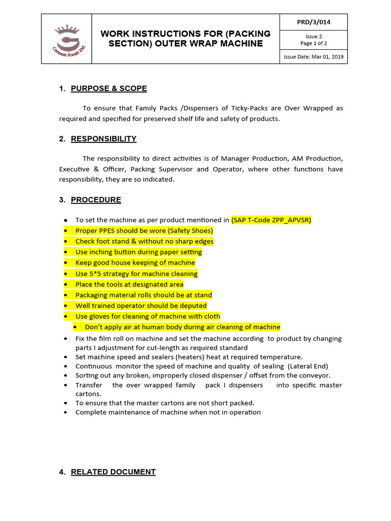 PRD-3-014 (Issue 2) Work Instructions For Outer Wrap Machines (Packing ...