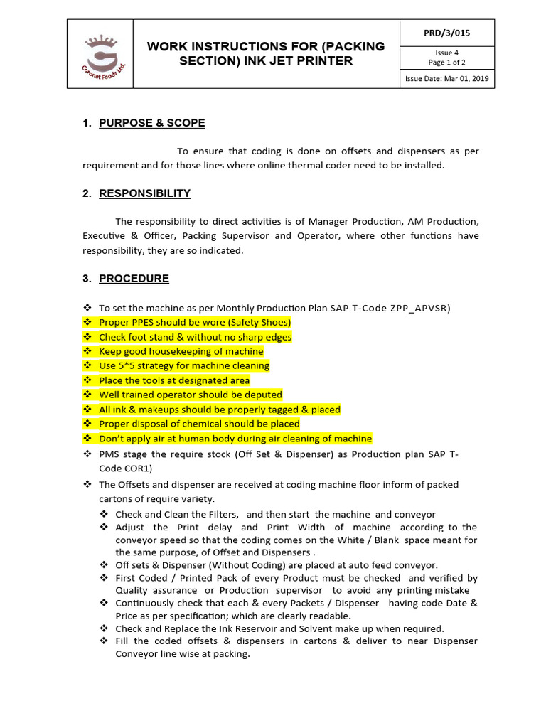 PRD-3-015 (Issue 2) Work Instructions For INK JET Printer (Packing Section) | PDF | Printer ...
