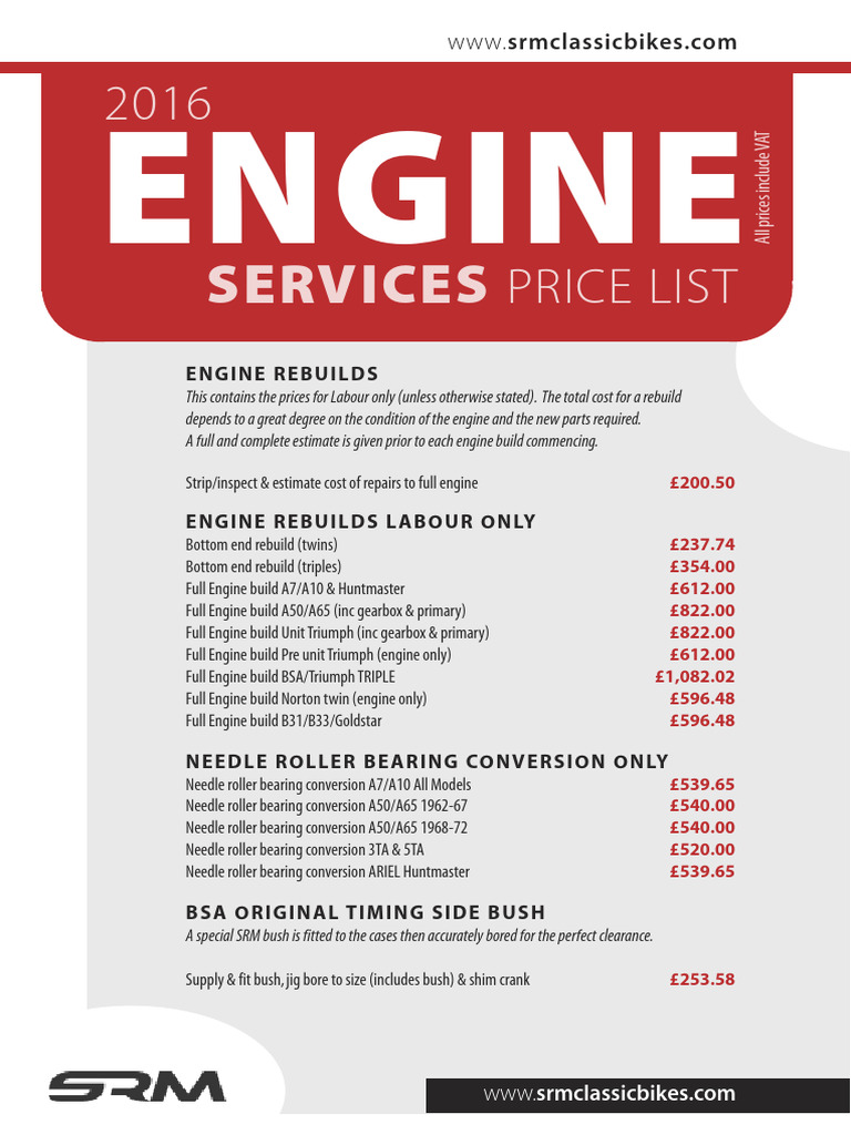 SRM Engine Services Price List | PDF | Valve | Internal Combustion Engine