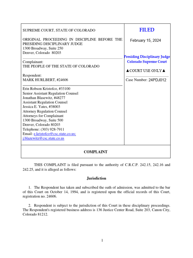 Complaint Against Mark Hurlbert | PDF | Discovery (Law) | Prosecutor