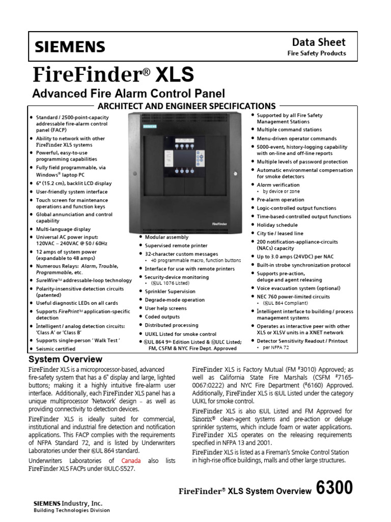 Siemens FireFinder XLS Data Sheet | PDF | Computing | Manufactured Goods