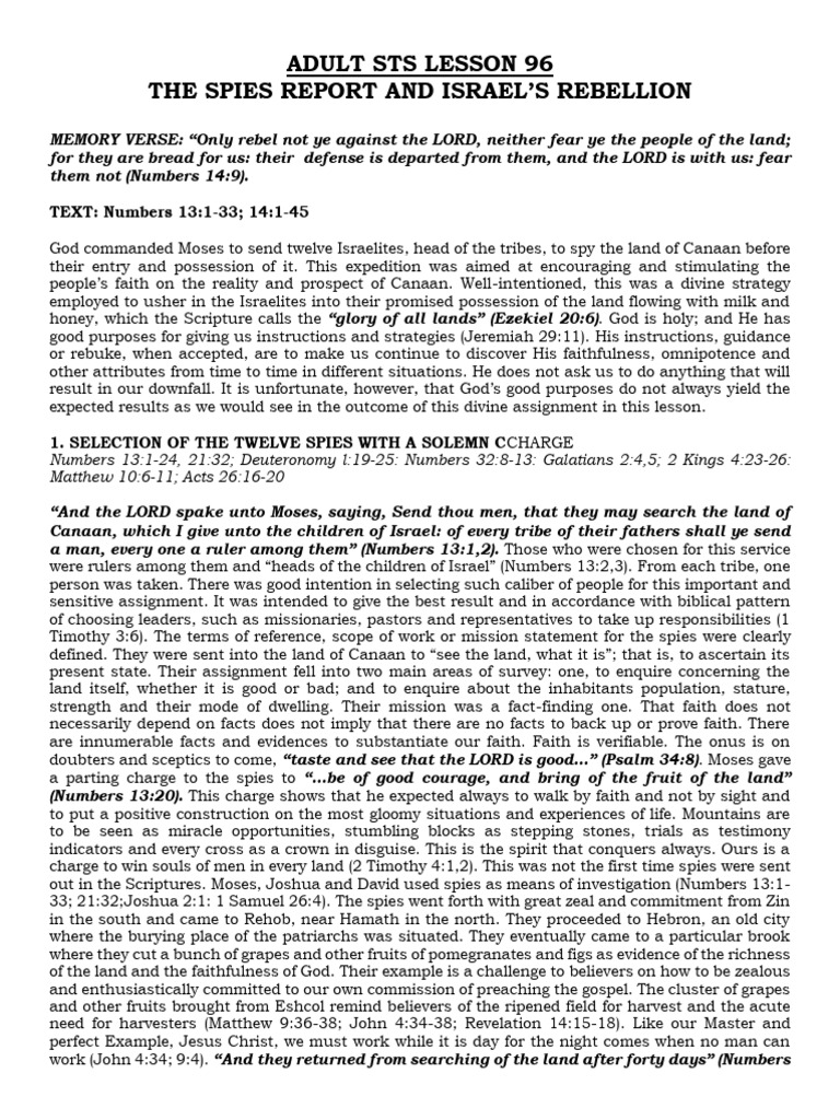 Adult STS Lesson 96 The Spies Report and Israel's Rebellion | PDF | Book Of Numbers | Joshua