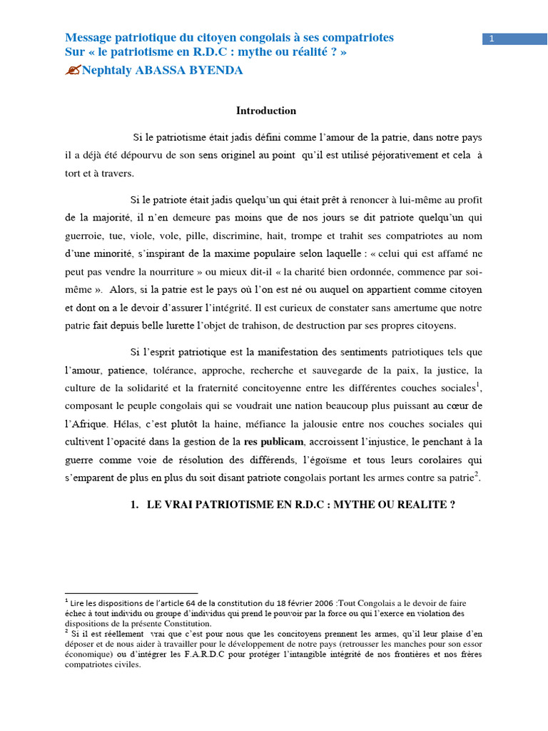 Patriotisme congolais : mythe ou réalité ? | PDF | République ...