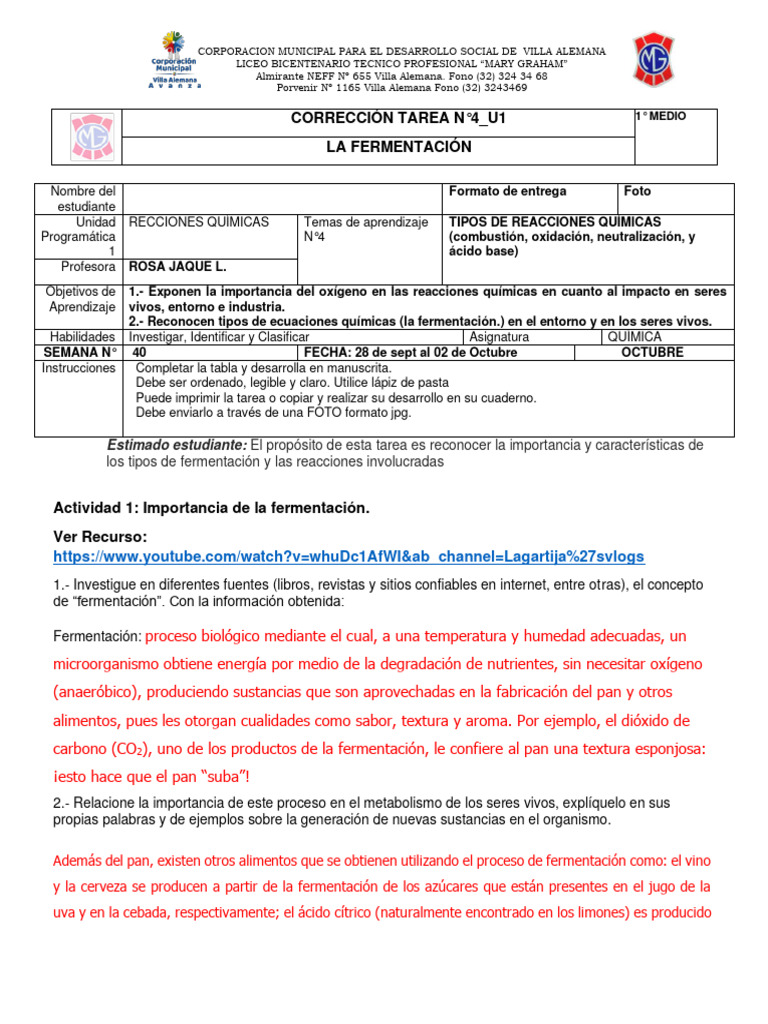 Qca 1EM U1 TAREA-N°04 CORRECCIÓN | PDF | Fermentación | Química