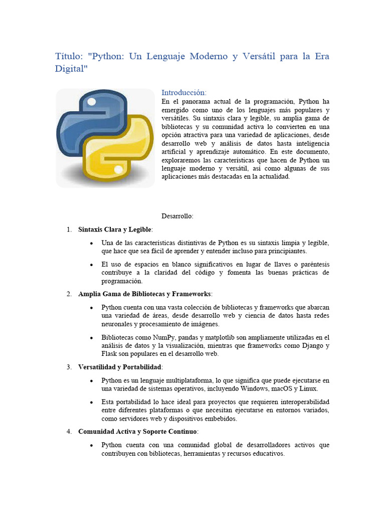Python Un Lenguaje Moderno y Versátil para La Era Digital | PDF | Python (lenguaje de ...