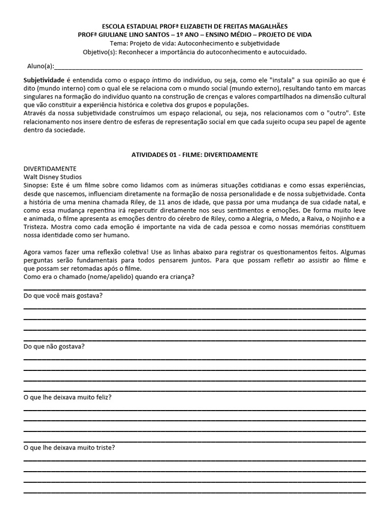 Aula 02 Projeto De Vida Autoconhecimento E Subjetividade Pdf